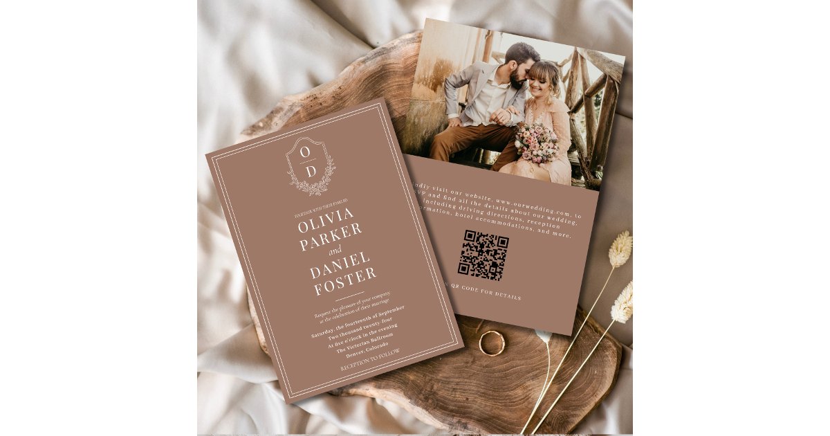 QR Code Classic Crest Mocha Brown Photo Wedding Invitation | Zazzle