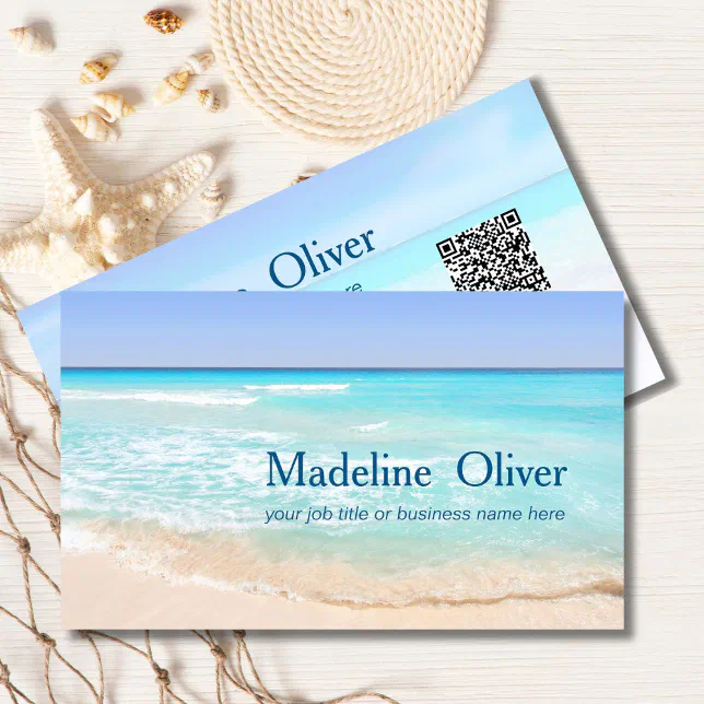 QR Code Coastal Beach Scene Travel Stylish Business Card | Zazzle