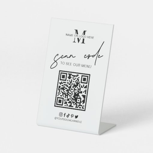 QR Code Coffee Shop Menu Minimal Black White Logo Pedestal Sign | Zazzle