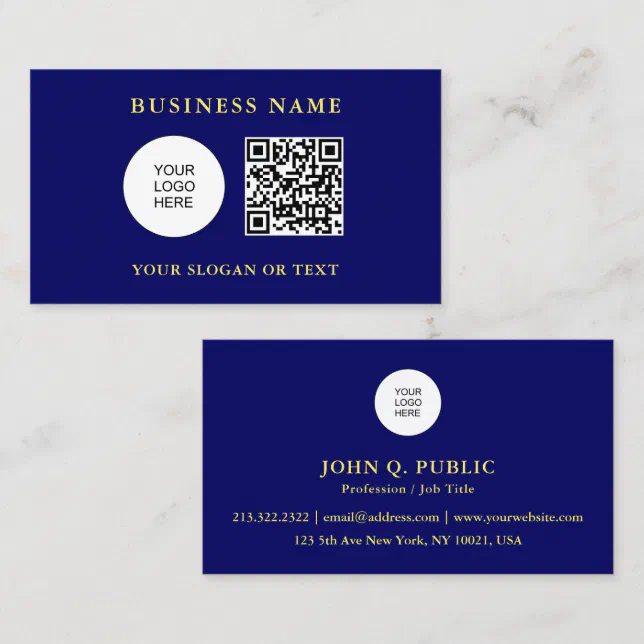 QR Code Company Logo Here Template Navy Blue Business Card | Zazzle