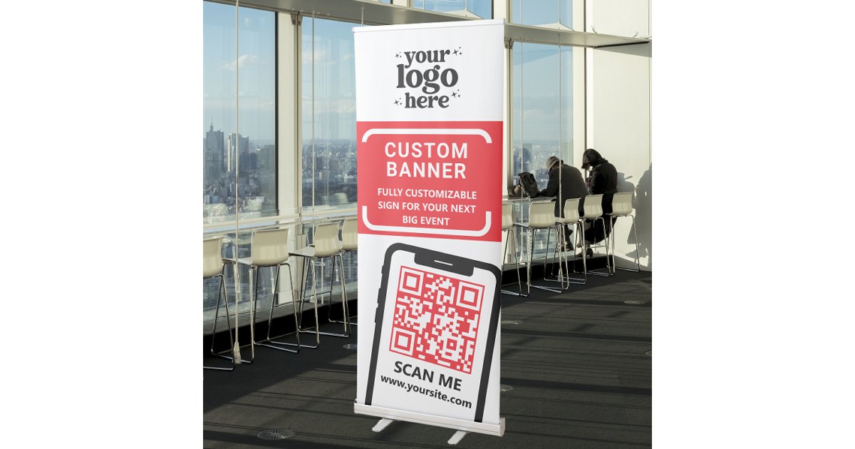 QR Code Company Logo Red Standing Event Roll Up Retractable Banner | Zazzle