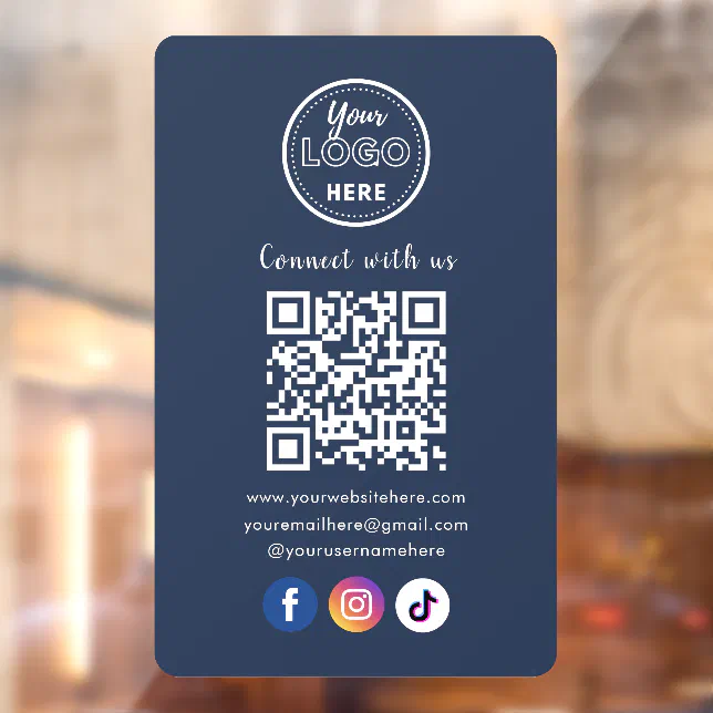 QR Code Connect With Us Social Media Navy Blue Window Cling | Zazzle