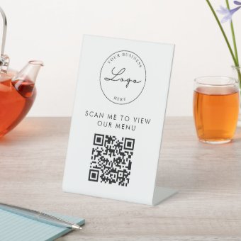 QR Code Contactless Menu Logo White Minimalist Pedestal Sign | Zazzle