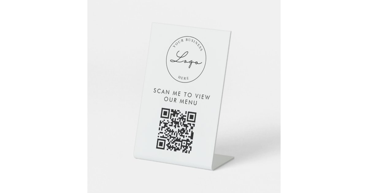 QR Code Contactless Menu Logo White Minimalist Pedestal Sign | Zazzle