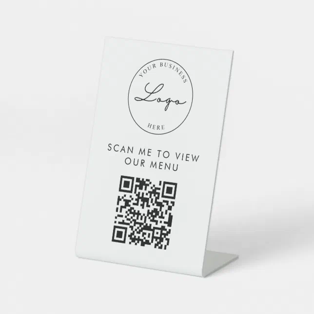 QR Code Contactless Menu Logo White Minimalist Pedestal Sign | Zazzle