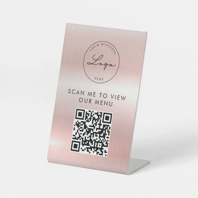 QR Code | Contactless Scan Menu Logo Rose Gold Pedestal Sign | Zazzle