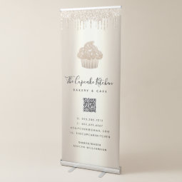 QR Code Cupcake Bakery Café Gold Glitter Drips Retractable Banner | Zazzle