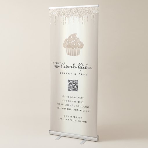 QR Code Cupcake Bakery Café Gold Glitter Drips Retractable Banner | Zazzle