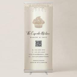 QR Code Cupcake Bakery Café Gold Glitter Drips Retractable Banner | Zazzle
