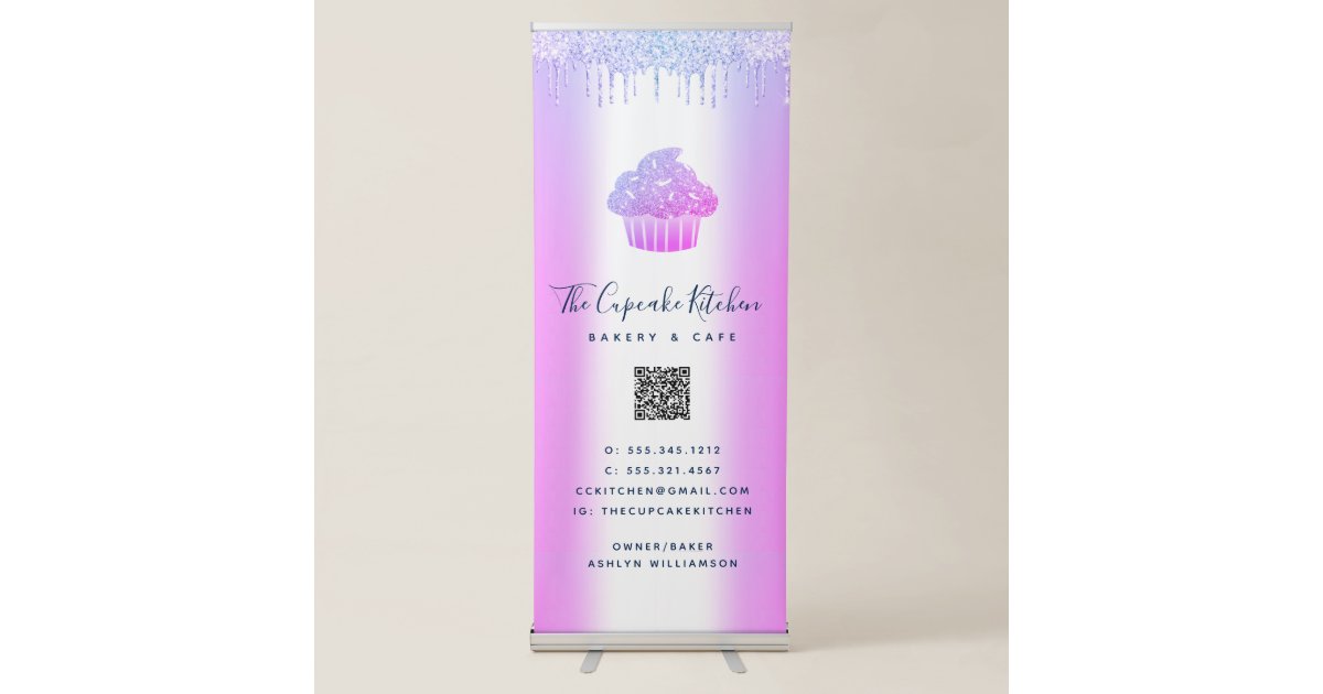 QR Code Cupcake Bakery Café Purple Glitter Drips Retractable Banner ...