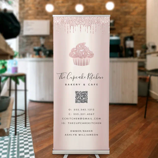 QR Code Cupcake Bakery Café Rose Gold Glitter Drip Retractable Banner ...