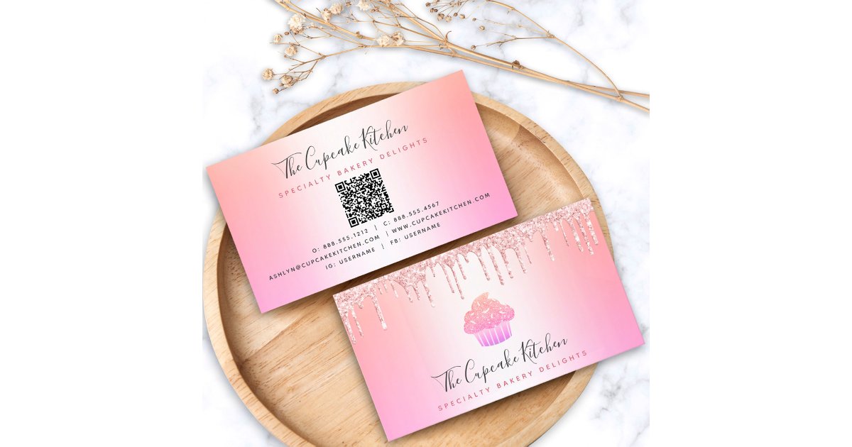 QR Code Cupcake Bakery Chef Pink Glitter Rainbow Business Card | Zazzle
