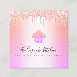 QR Code Cupcake Bakery Chef Pink Rainbow Glitter Square Business Card ...
