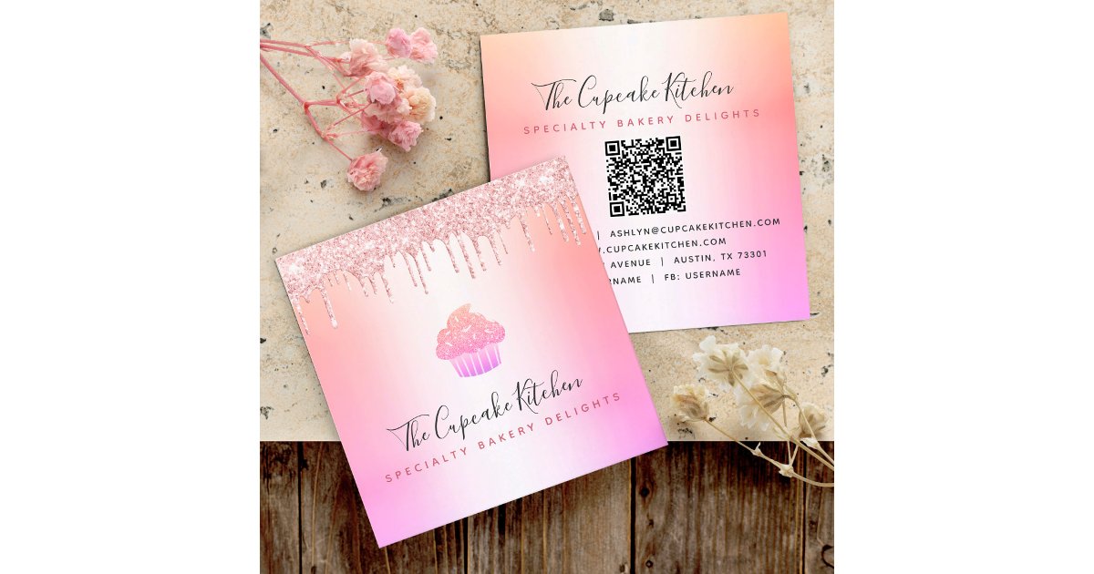 QR Code Cupcake Bakery Chef Pink Rainbow Glitter Square Business Card ...
