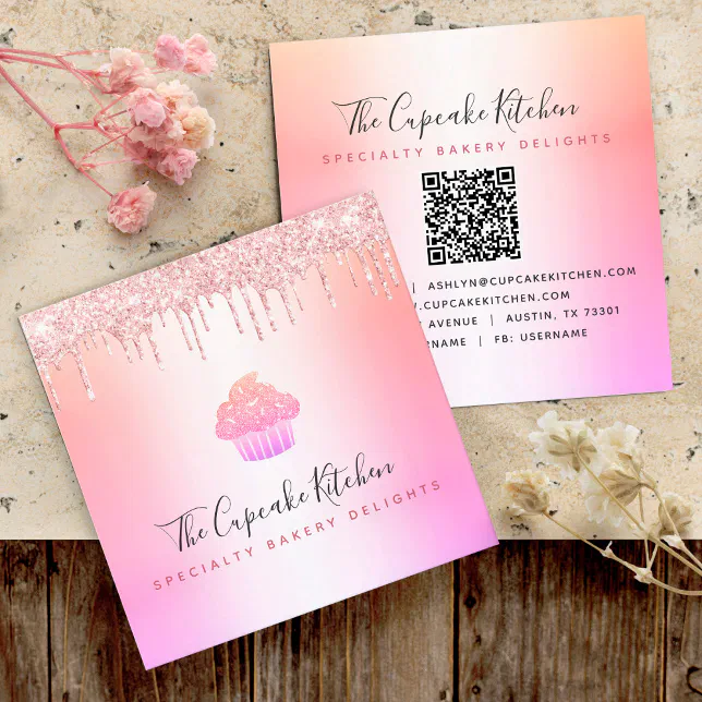 QR Code Cupcake Bakery Chef Pink Rainbow Glitter Square Business Card ...