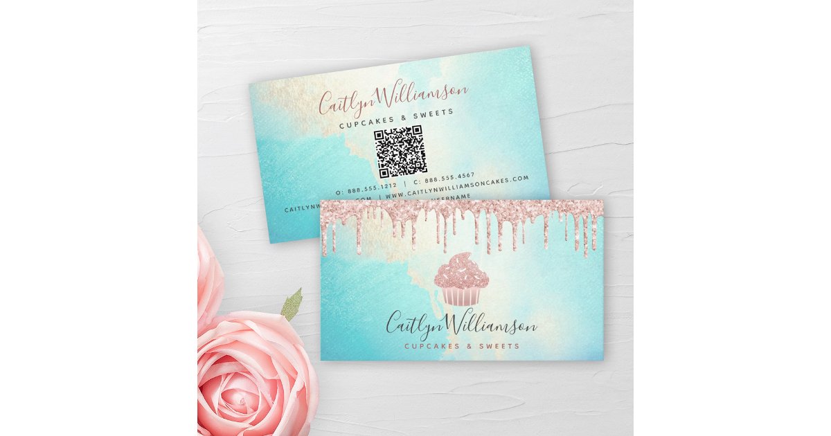 QR Code Cupcake Pink Rose Glitter Blue Watercolor Business Card | Zazzle