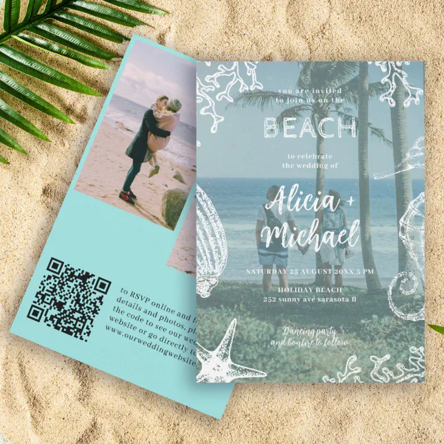 QR CODE custom photo collage summer beach wedding Invitation | Zazzle