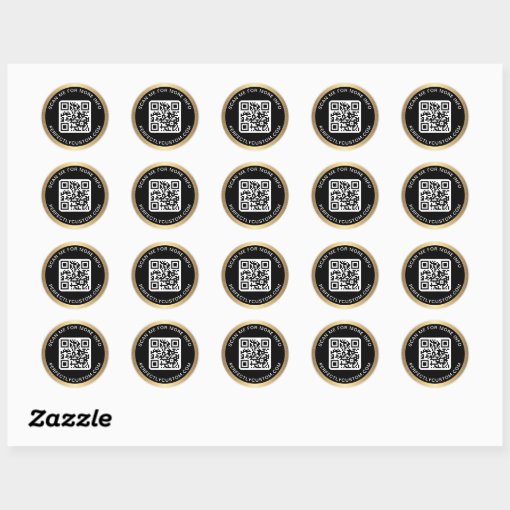QR code custom text golden gradient border black Classic Round Sticker ...