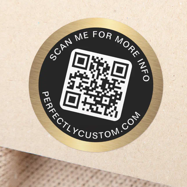 QR code custom text golden gradient border black Classic Round Sticker | Zazzle