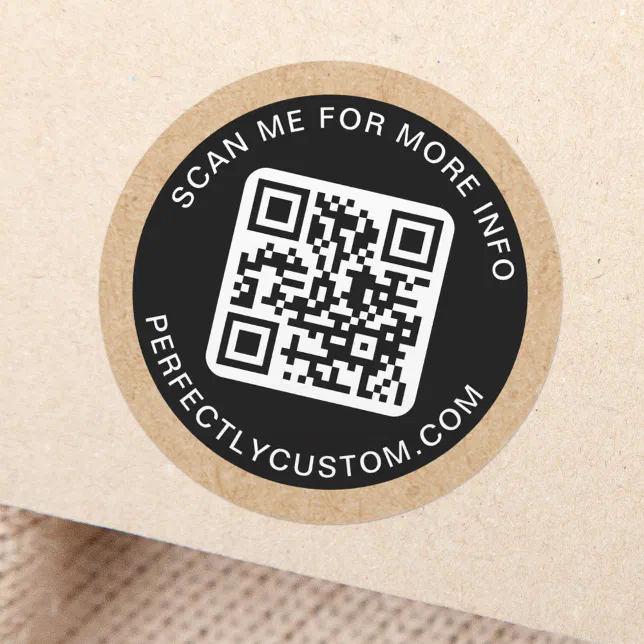 QR code custom text Kraft paper look border black Classic Round Sticker ...