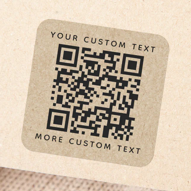 QR code custom text top bottom Kraft paper look Square Sticker | Zazzle