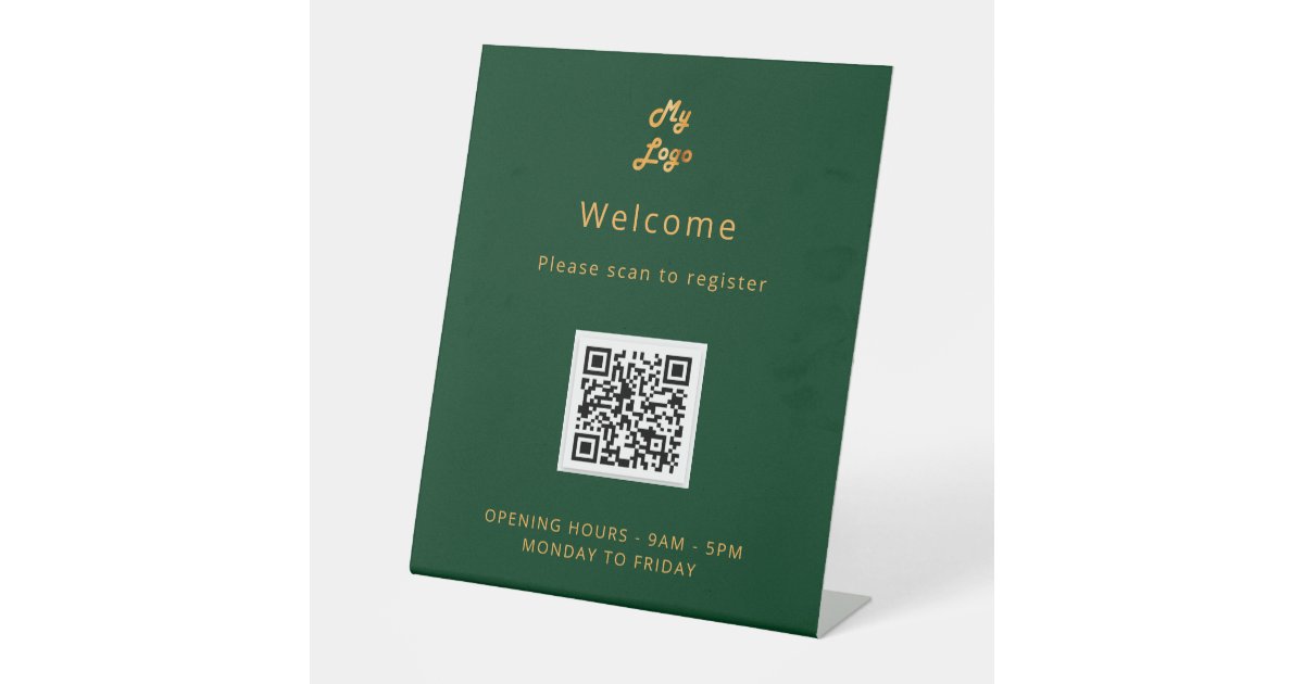 QR code customer registration emerald welcome Pedestal Sign | Zazzle