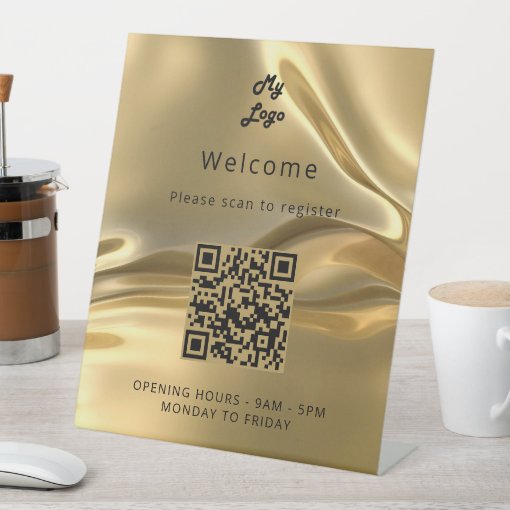 QR code customer registration gold metal welcome Pedestal Sign | Zazzle
