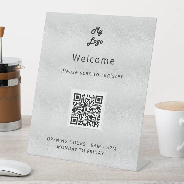 QR code customer registration silver metal welcome Pedestal Sign | Zazzle