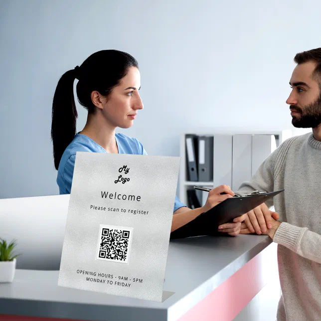 QR code customer registration silver metal welcome Pedestal Sign | Zazzle
