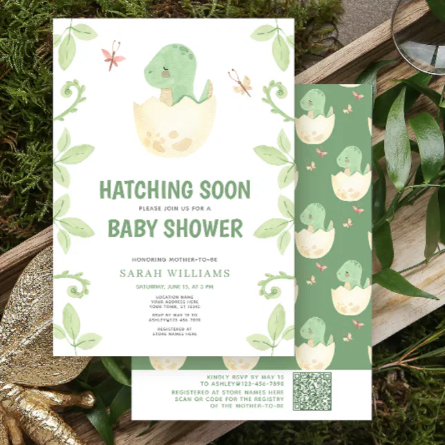 QR Code Cute Dinosaur Hatching Soon Baby Shower Invitation | Zazzle