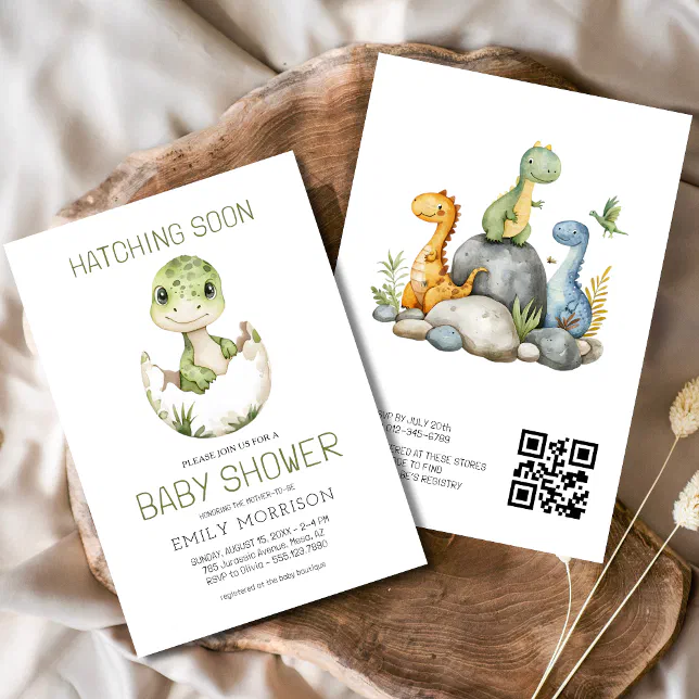 QR Code Cute Dinosaur Hatching Soon Baby Shower Invitation | Zazzle