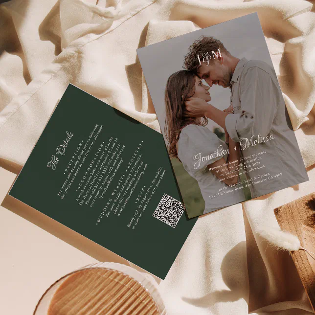 QR Code Dark Green Budget Monogram Overlay Wedding Invitation | Zazzle