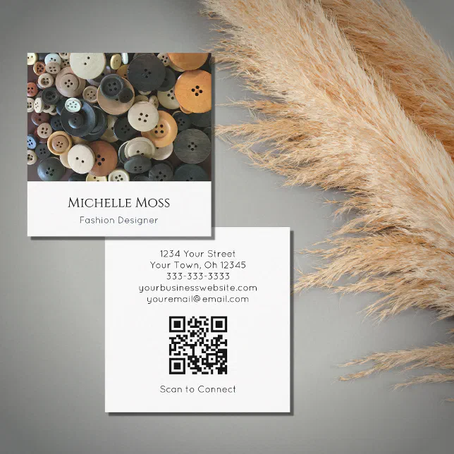 QR code Designer Sewing Buttons Simple Typography Square Business Card ...
