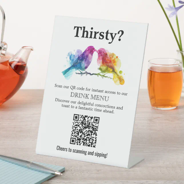 QR code Drink menu Rainbow Lovebirds Collection Pedestal Sign | Zazzle