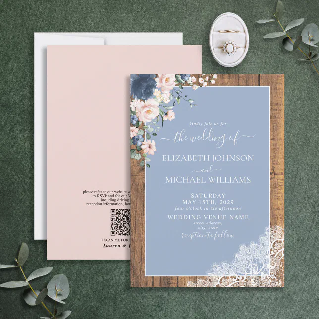 QR Code Dusty Blue Blush Rustic Wood Lace Wedding Invitation | Zazzle