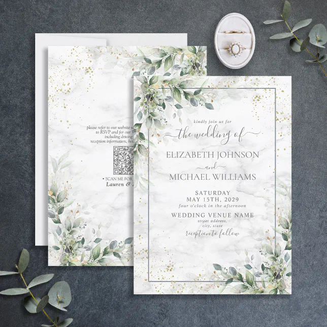 QR Code Dusty Eucalyptus Botanical Gold Greenery Invitation | Zazzle