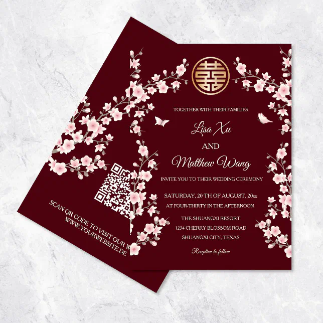QR Code Dusty Pink Cherry Blossom Chinese Wedding Invitation | Zazzle