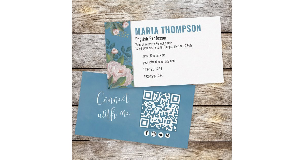 QR Code Elegant Custom Botanical Floral Roses Business Card | Zazzle