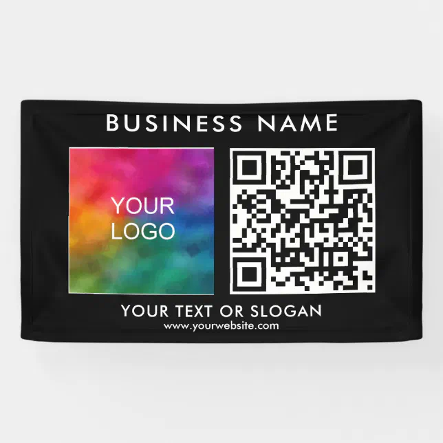 QR Code Elegant Modern Black Business Name Logo Banner | Zazzle