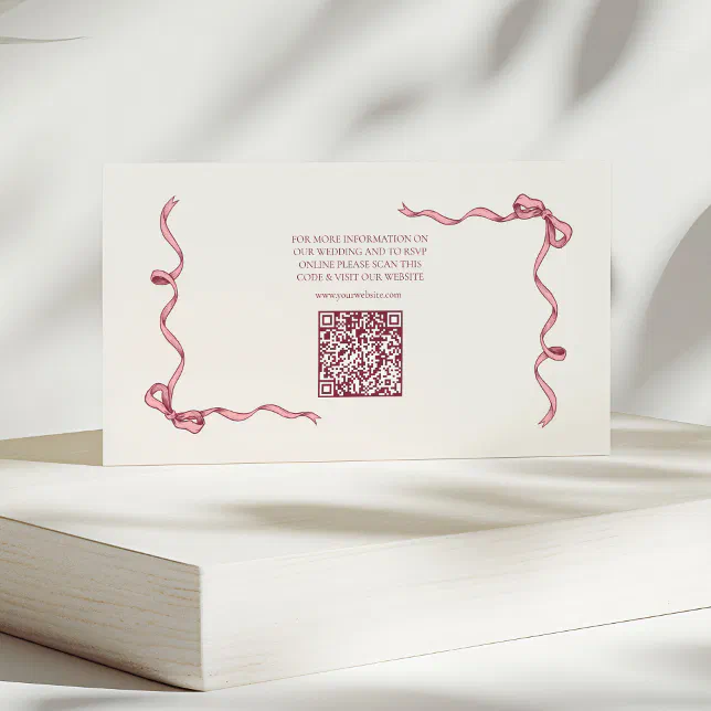 QR Code Elegant Pink Hand Drawn Bow Wedding Enclosure Card | Zazzle