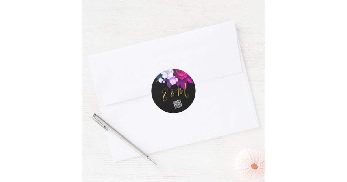 QR Code Elegant Purple Rose Monogram Wedding Cl Classic Round Sticker ...