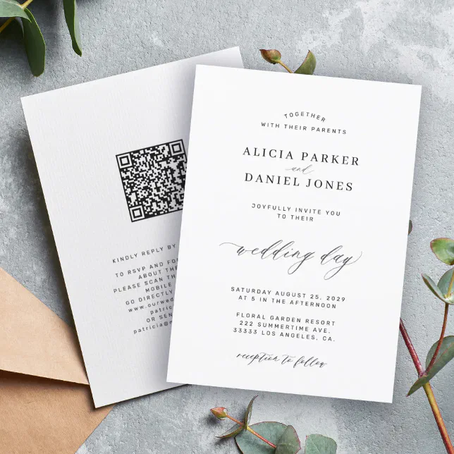 QR CODE elegant simple black and white wedding Invitation | Zazzle