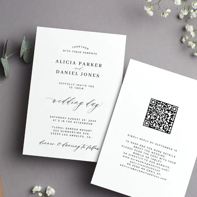 QR CODE elegant simple black and white wedding Invitation | Zazzle