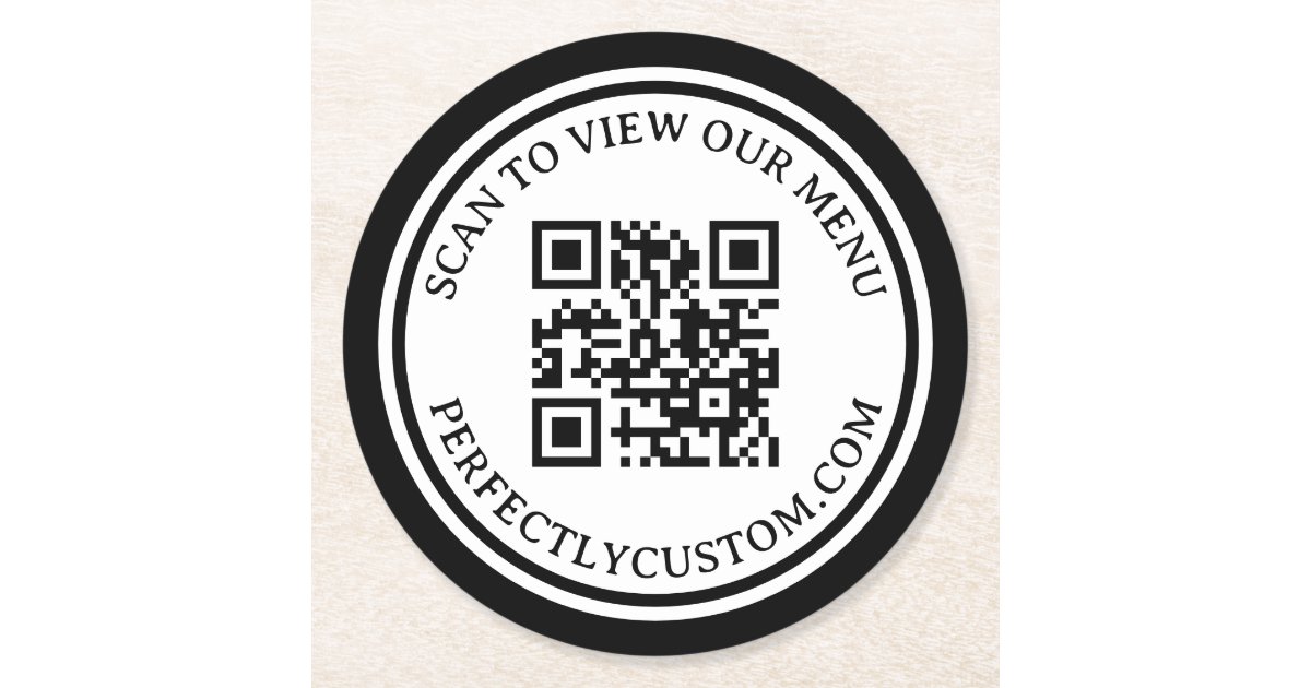 QR code elegant text view menu black double border Round Paper Coaster ...