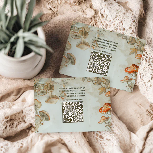 QR Code Elegant Woodland Mushroom Fern Wedding Enclosure Card | Zazzle