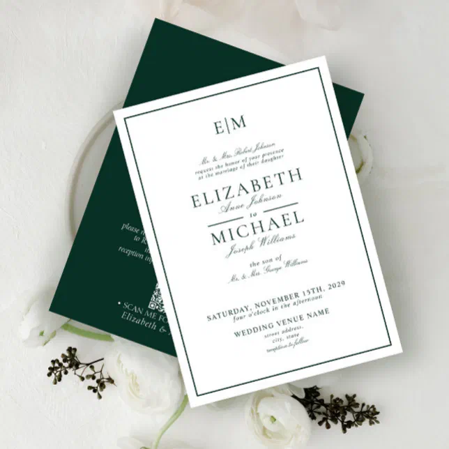 QR Code Emerald Green Classic Monogram Wedding Invitation | Zazzle