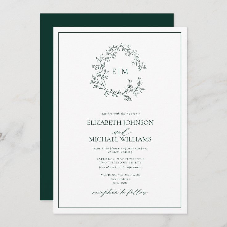 QR Code Emerald Green Leafy Crest Monogram Wedding Invitation | Zazzle