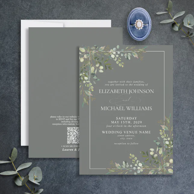 QR Code Eucalyptus Botanical Sage Green Wedding Invitation | Zazzle