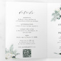 QR Code Evergreen & Cotton Flower Bouquet Wedding Tri-Fold Invitation ...