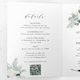 QR Code Evergreen & Cotton Flower Bouquet Wedding Tri-Fold Invitation ...